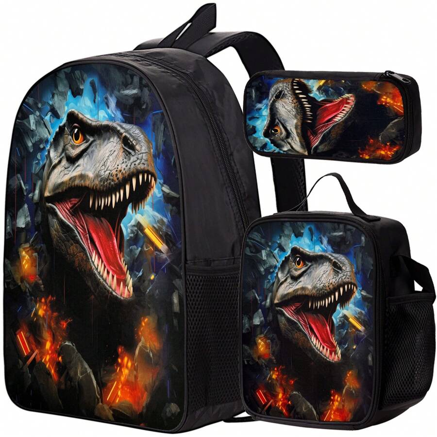 Backpack Lunchbag And Pencilbag, Volcanoes And Dinosaurs Pattern ...