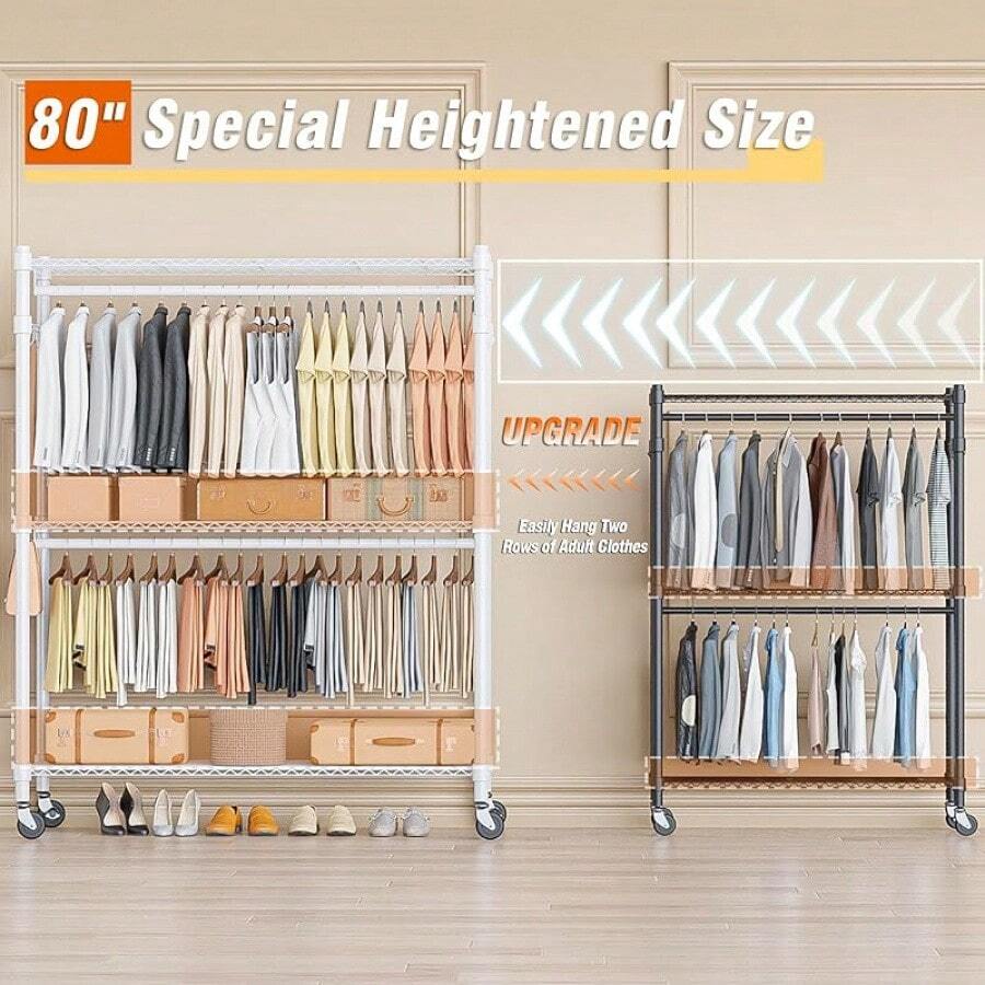 Homdox 3 Tier Garment Rack With Wheels, Portable Closets For Hanging ...