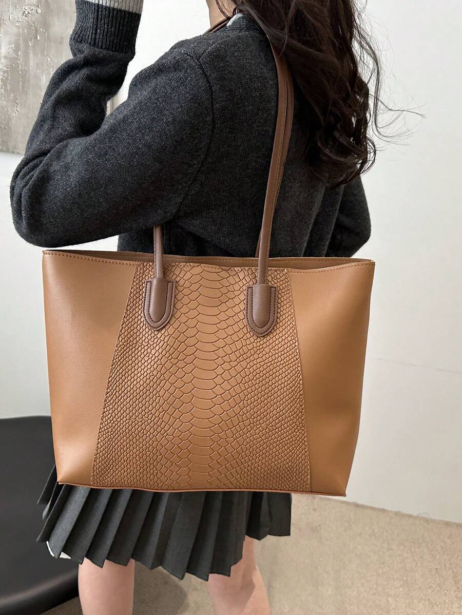 1pc Women's Snake Skin Solid Color PU Tote Bag, Large Capacity Zipper ...