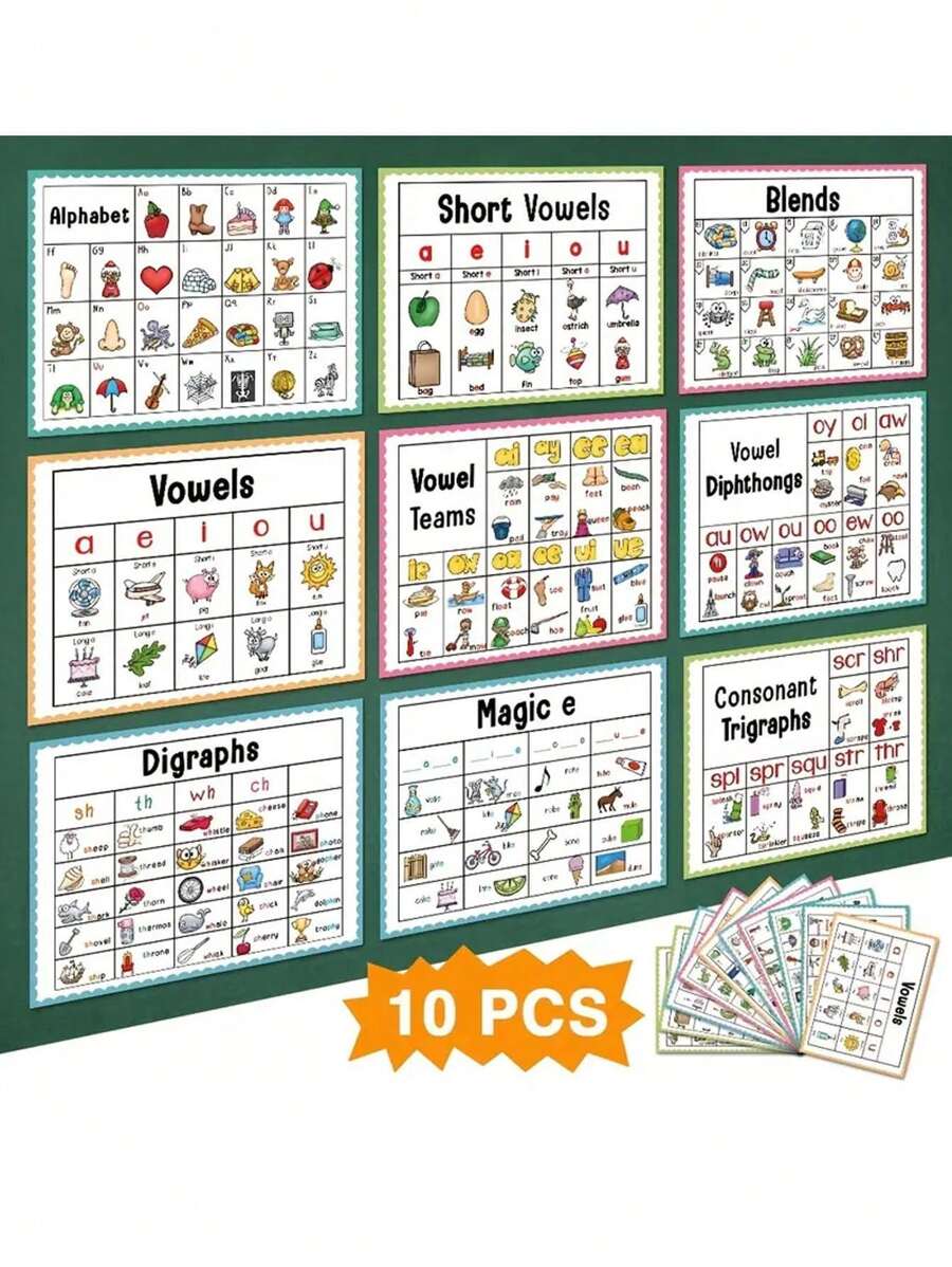 10 Pcs/Set English Phonetic Alphabet Learning Posters, Preschool School ...