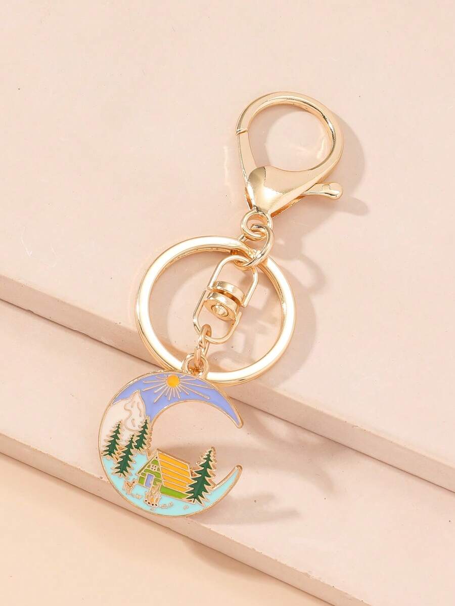 1pc Unisex Alloy Droplet Moon Shape Keychain, Village/Travel Lovers ...