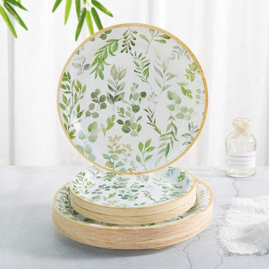 24pcs Gold-Rimmed Leaf-Shaped Paper Plate, Floral Party Supplies ...