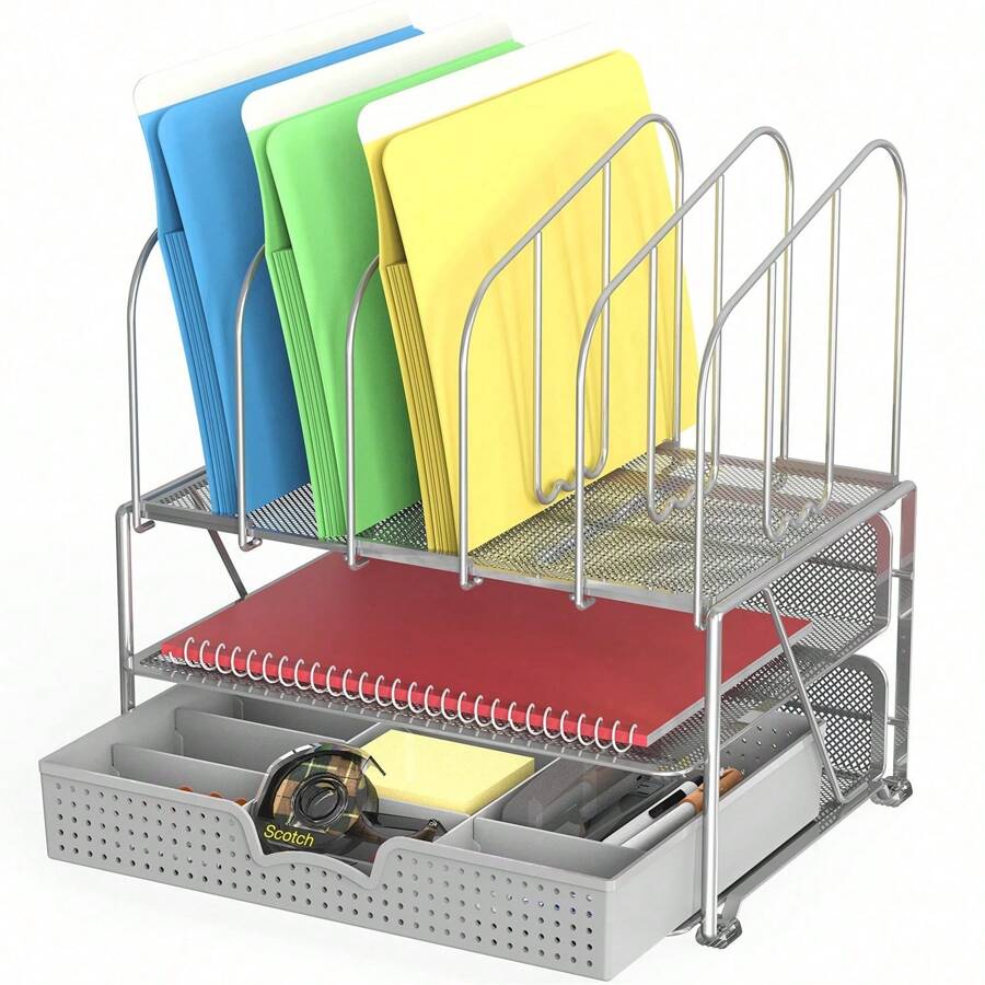 Desk File Organizer With Letter Tray And 5 Upright File Stand, Silver ...