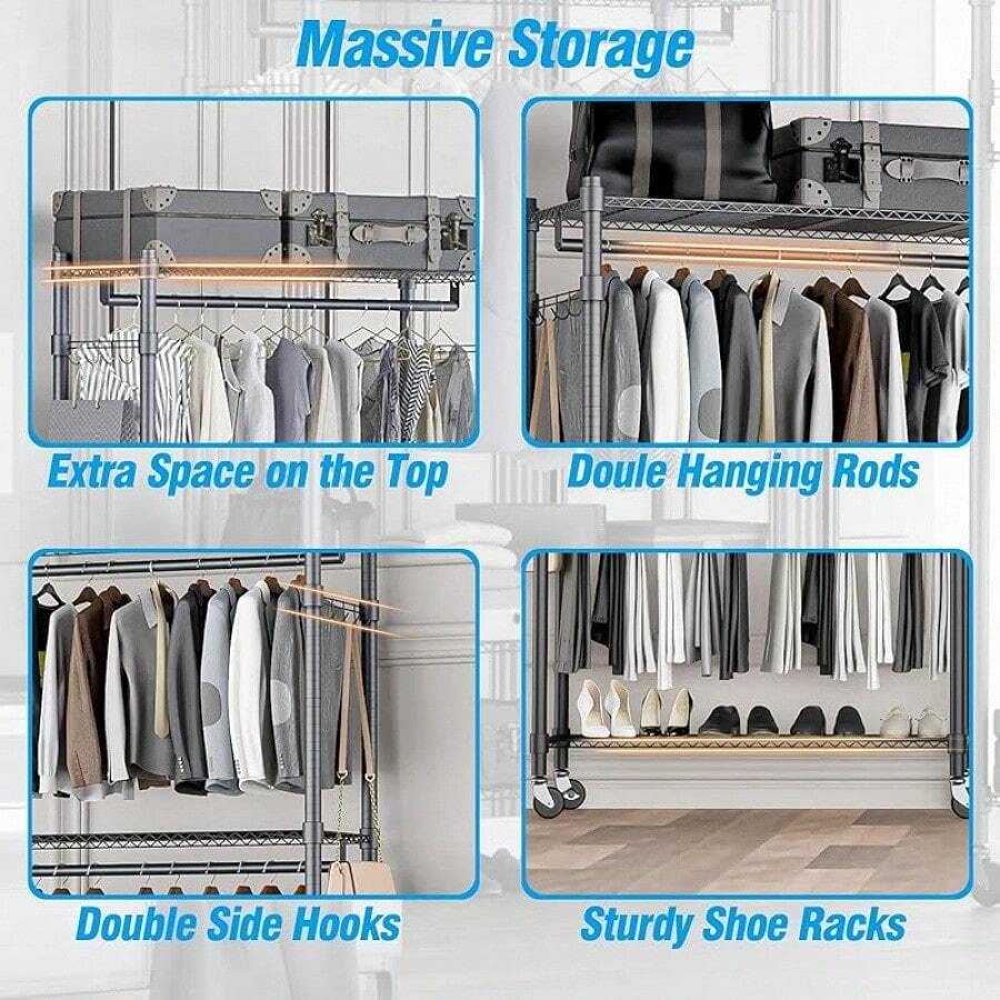 Homdox 3 Tier Garment Rack With Wheels, Portable Closets For Hanging ...