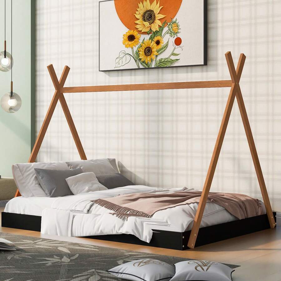 Euroco Modern Wood Full Size Tent Floor Bed, X-Shaped House Bed For ...