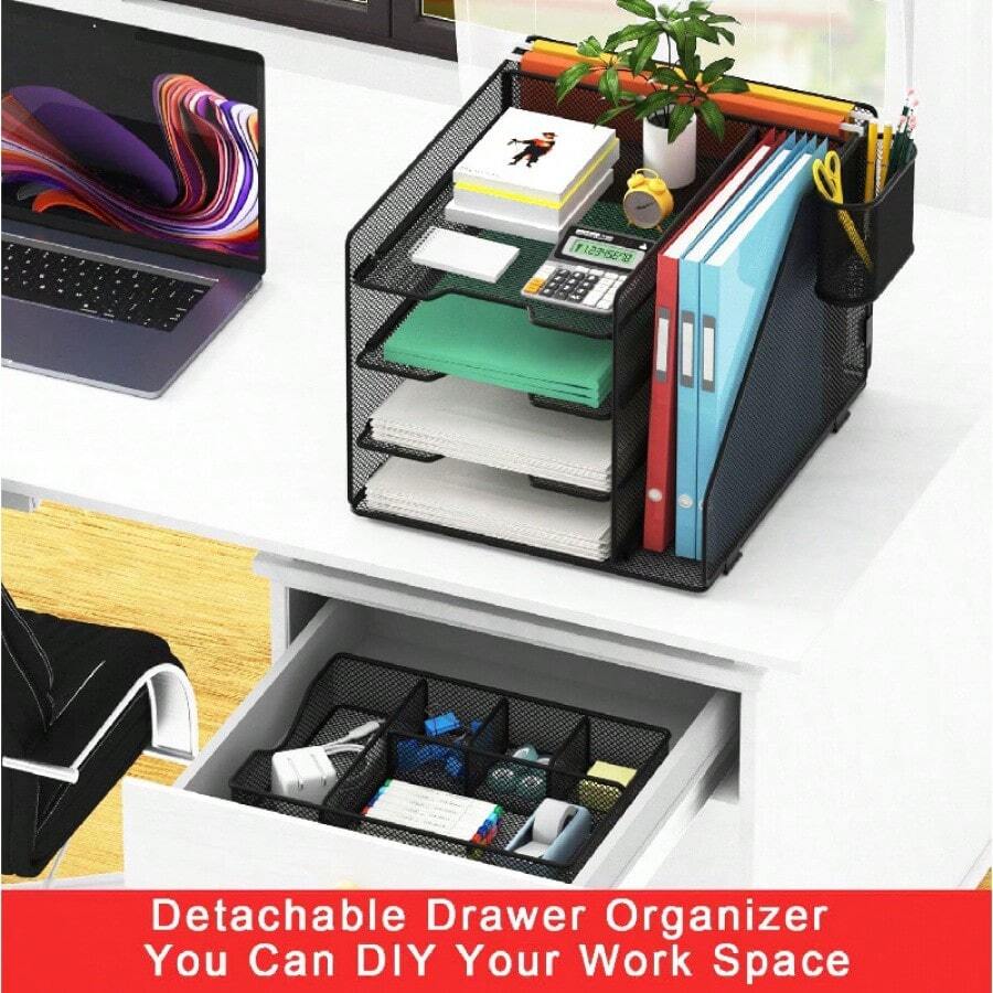 Hanging File Rack+Drawer+Pen Container, Black Grid Desktop Finishing ...