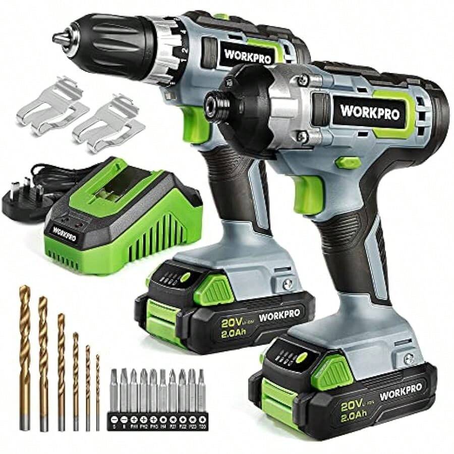 WORKPRO 20V Cordless Compact Ill R And Impact R Combi Ill Including 2 X 2.0 Ah Li-Ion Batteries ...