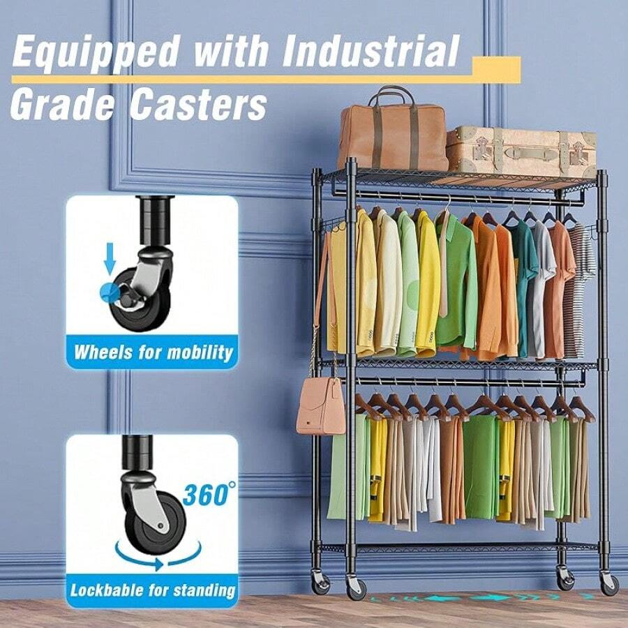 Homdox 3 Tier Garment Rack With Wheels, Portable Closets For Hanging ...