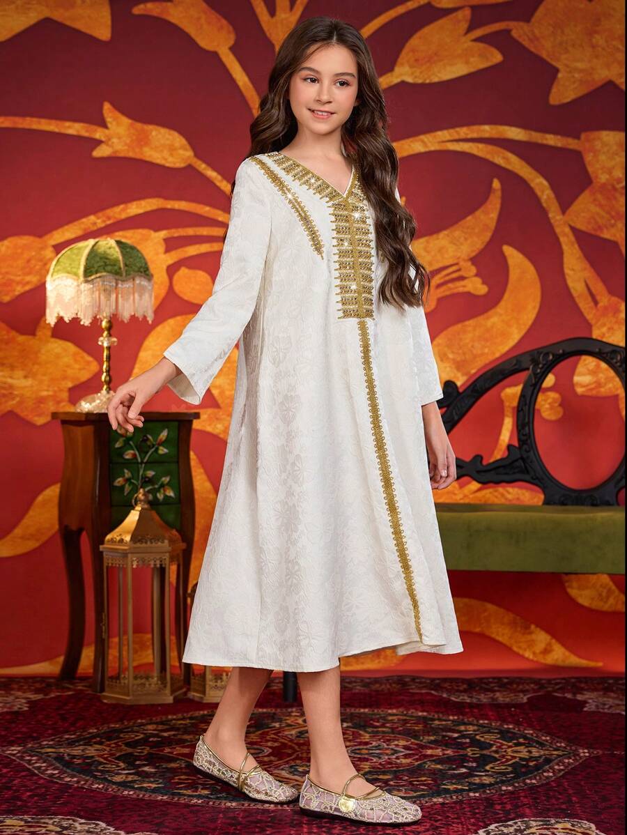 Tween Girl Middle East Indonesia Dubai Hooded Floral Trim Velvet Maxi ...