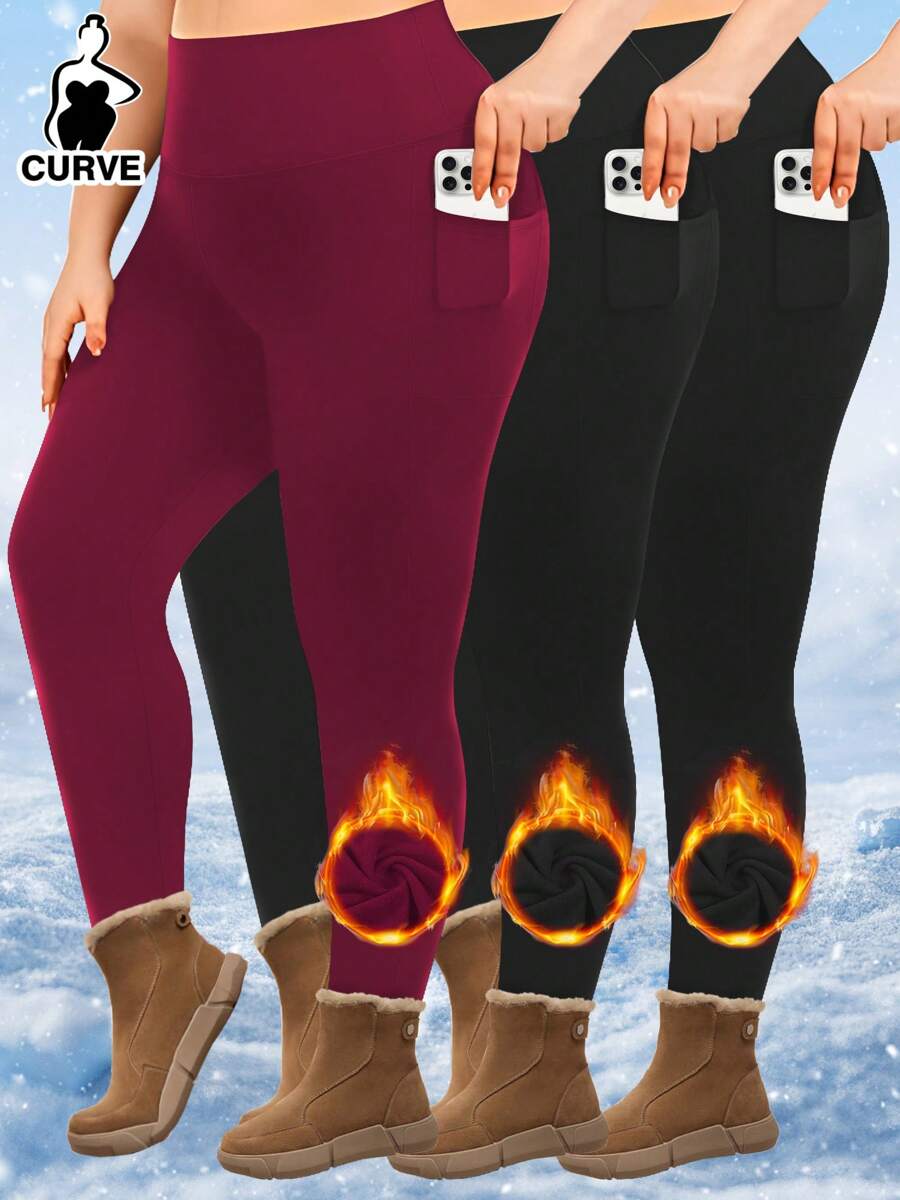 3 Pieces Set Winter & Spring Keep Warm Curve Fleece Leggings With Plus Size For Women Yoga ...
