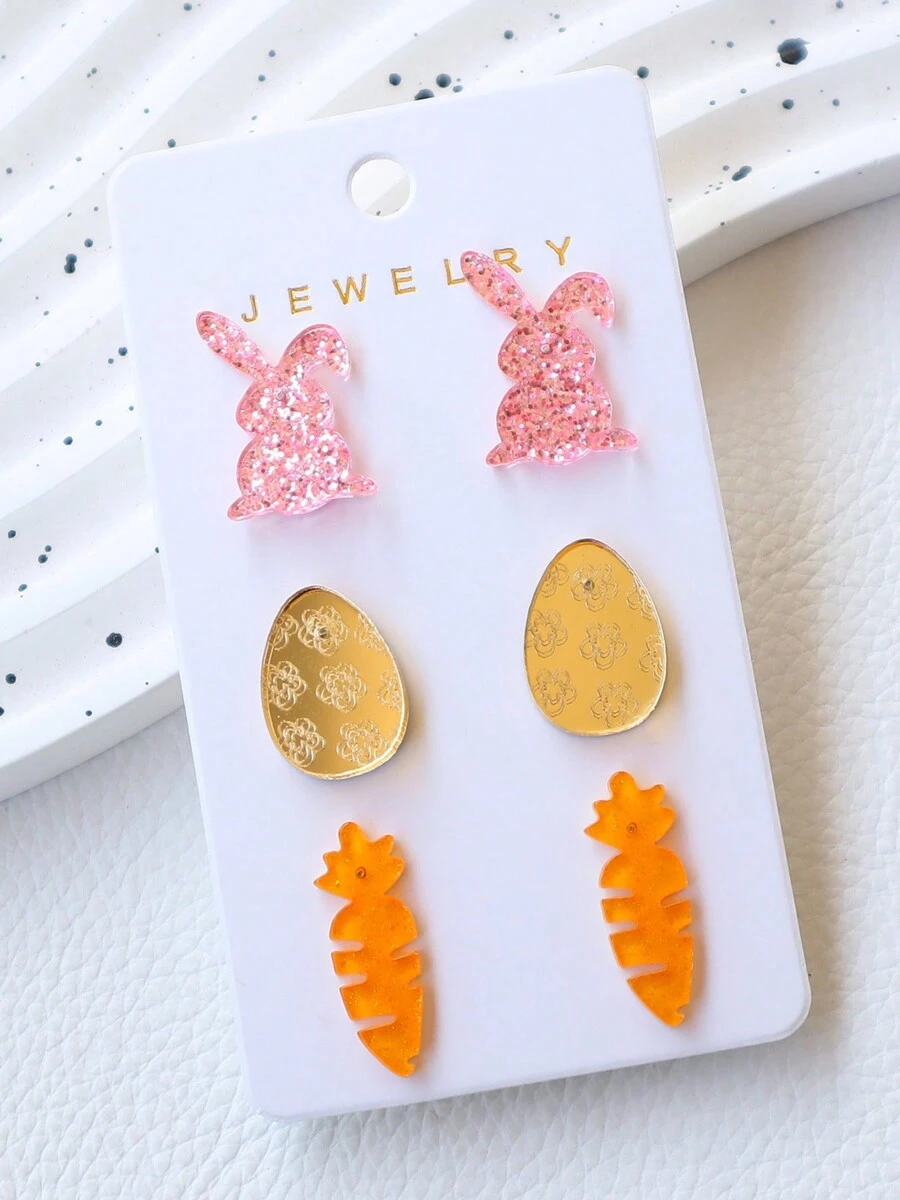 3-Pair Acrylic Bling Bunny, Egg, Carrot Stud Earrings Set, Cute Carved ...
