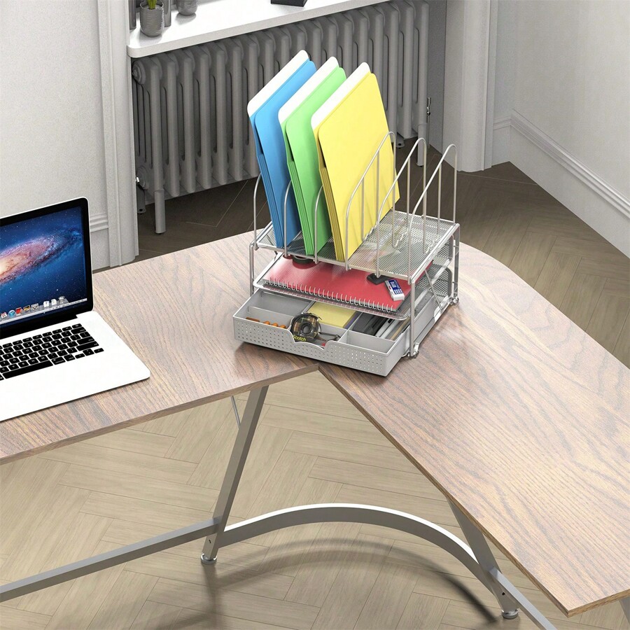Desk File Organizer With Letter Tray And 5 Upright File Stand, Silver ...