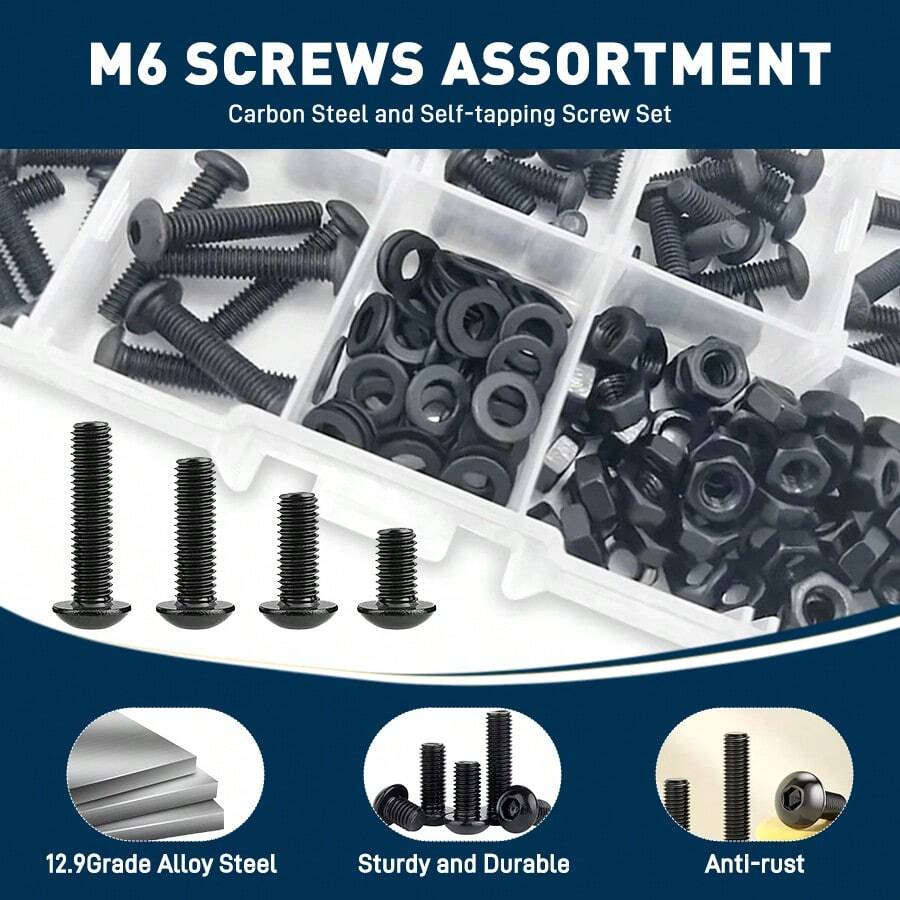 96Pcs M6 Pan Head Hexagon Bolt Nut Washer Combination, Black Carbon Steel Round Head Bolt ...