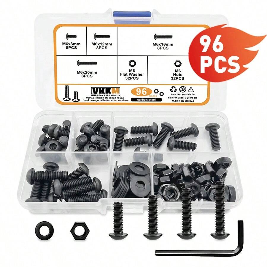 96Pcs M6 Pan Head Hexagon Bolt Nut Washer Combination, Black Carbon ...