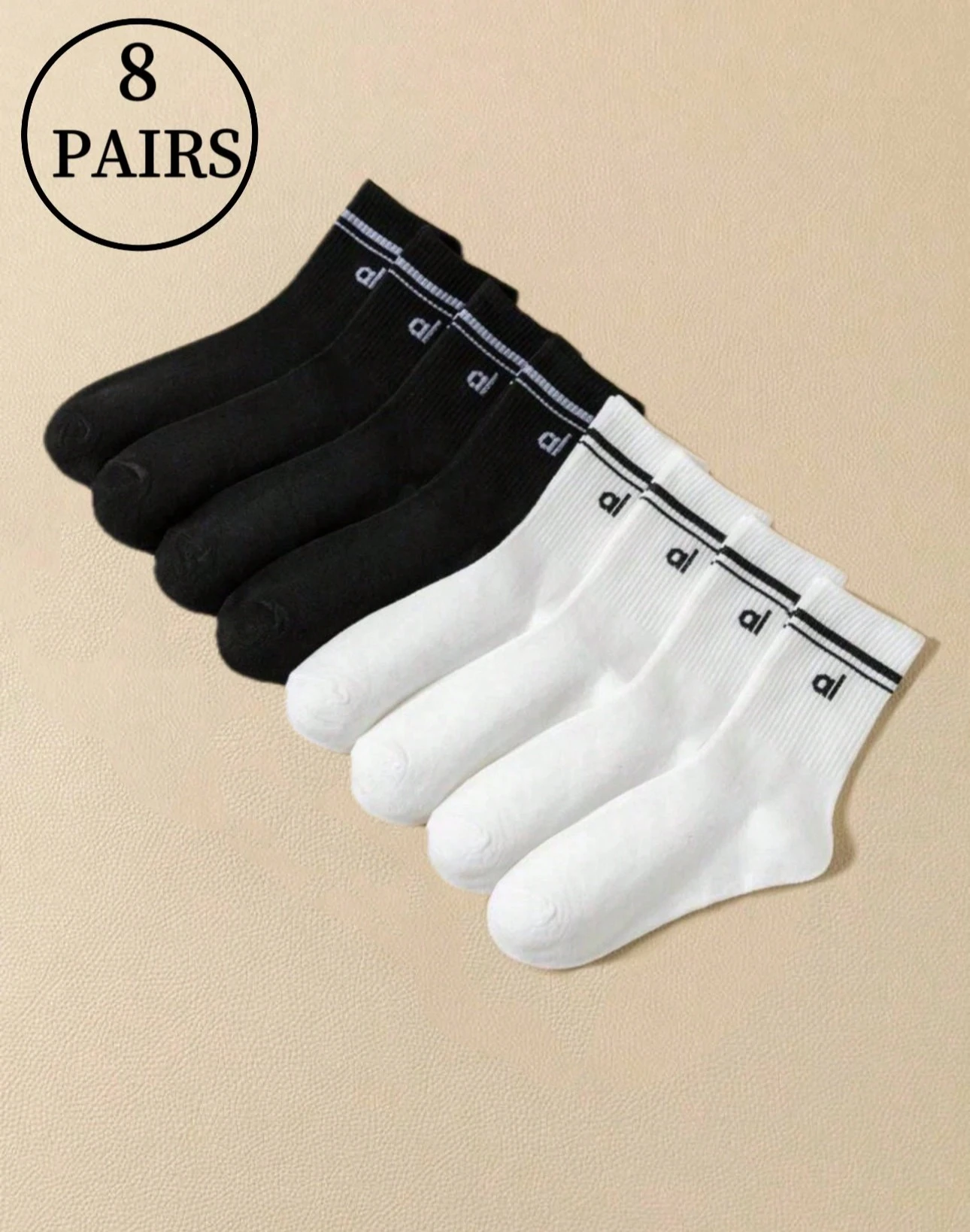 8 Pairs Of Black-And-White Boys' And Girls' Socks With Letters "Al" In Parallel Stripes, Simple ...