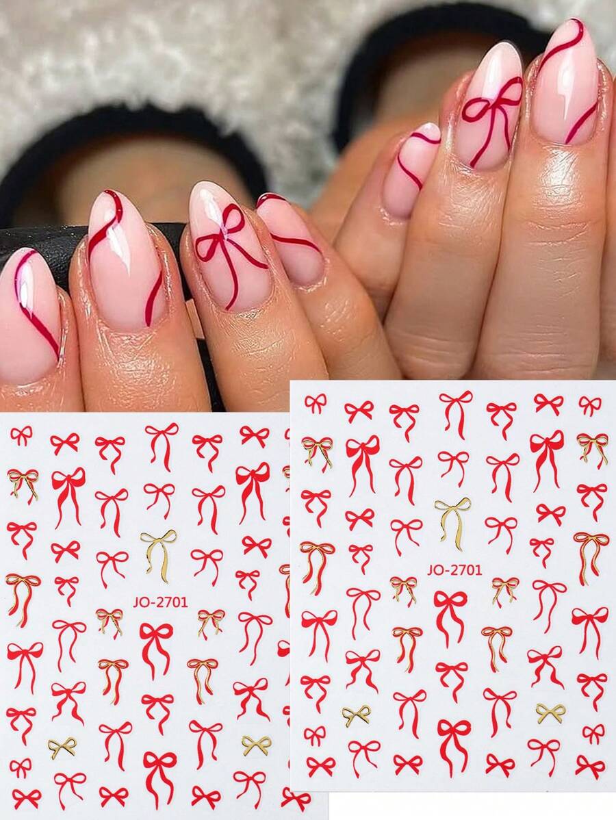2pcs Shiny Red Bow Nail Art Stickers & Decals French Tips Golden Bownot ...