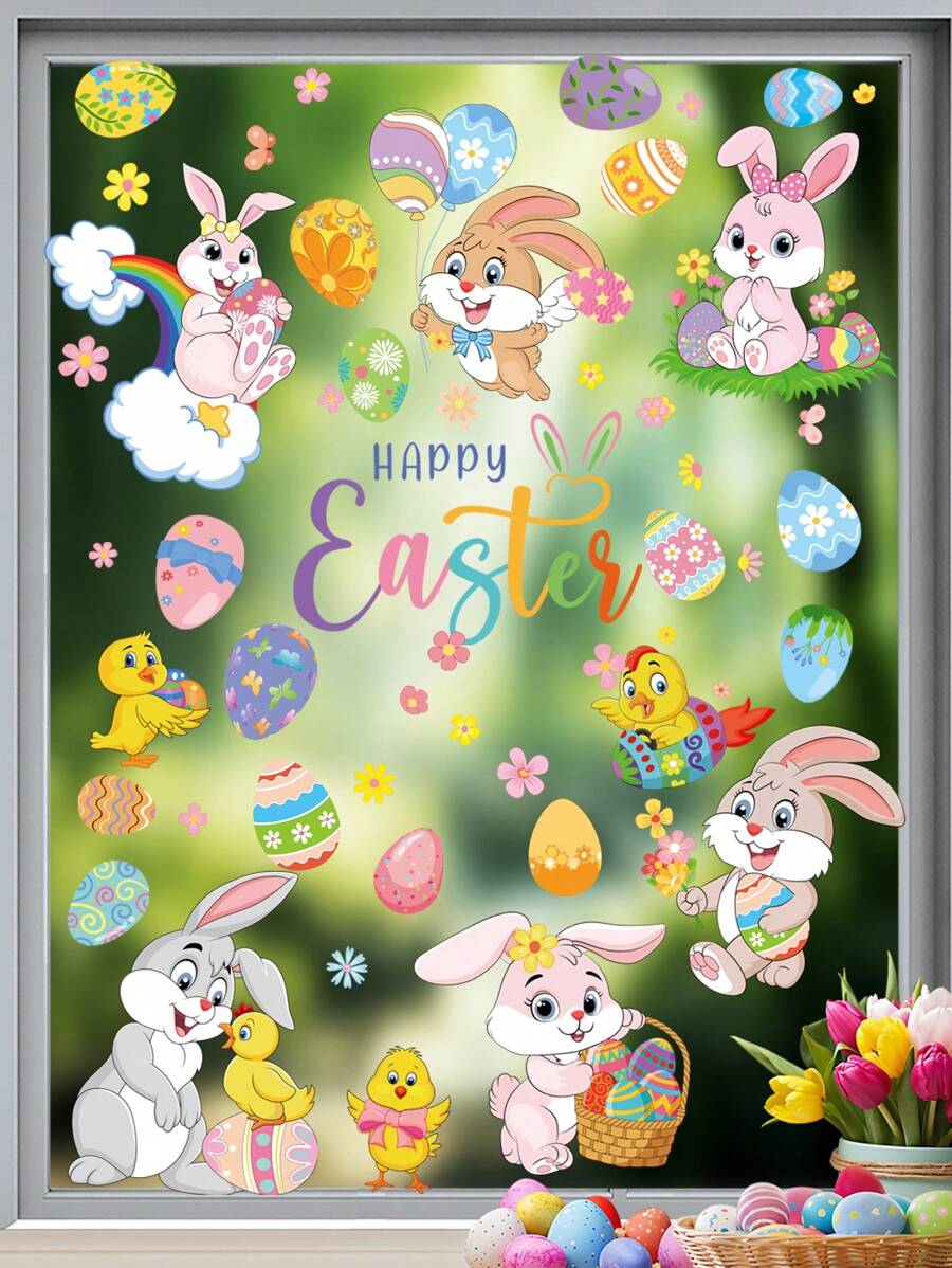 2025 New Easter Window Clings Featuring Easter Eggs Tree Rabbits Floral ...