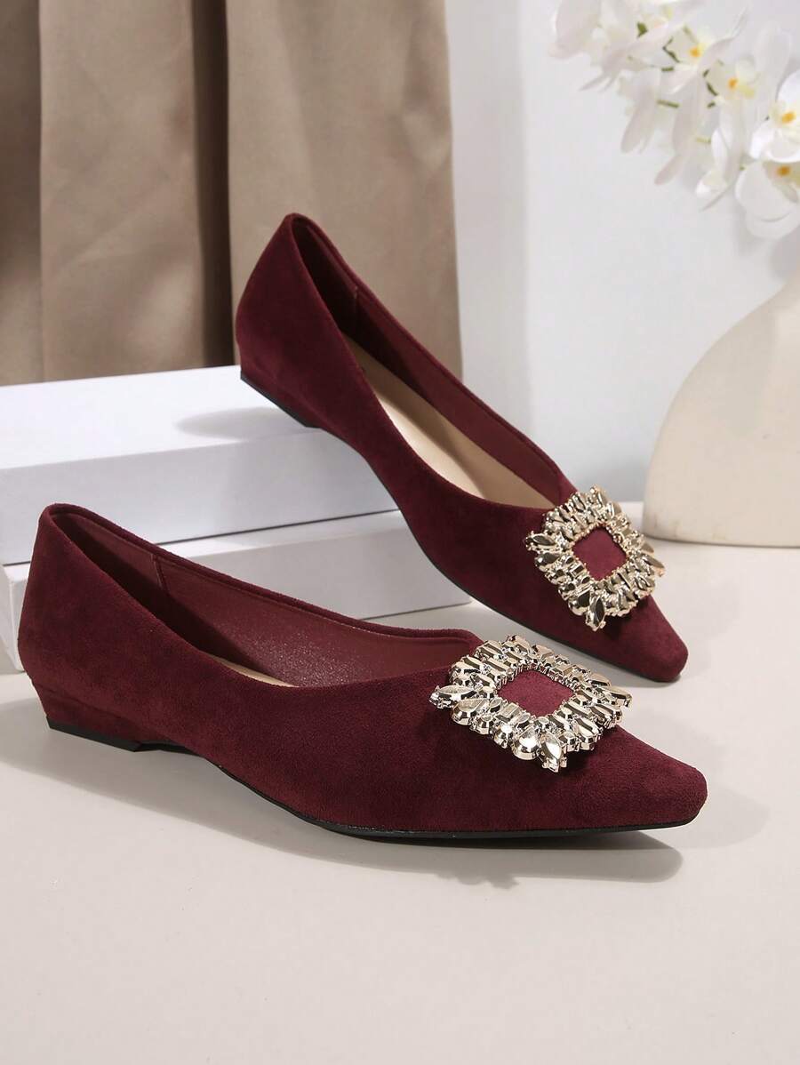 French Pointed Toe Burgundy Flats For Women, 2024 New Autumn/Winter ...