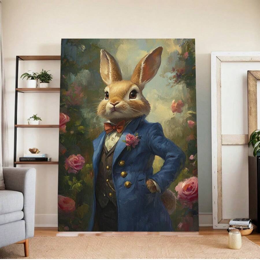 Framed Delightful Canvas Painting Of A Pretty Rabbit In A Blue Coat ...