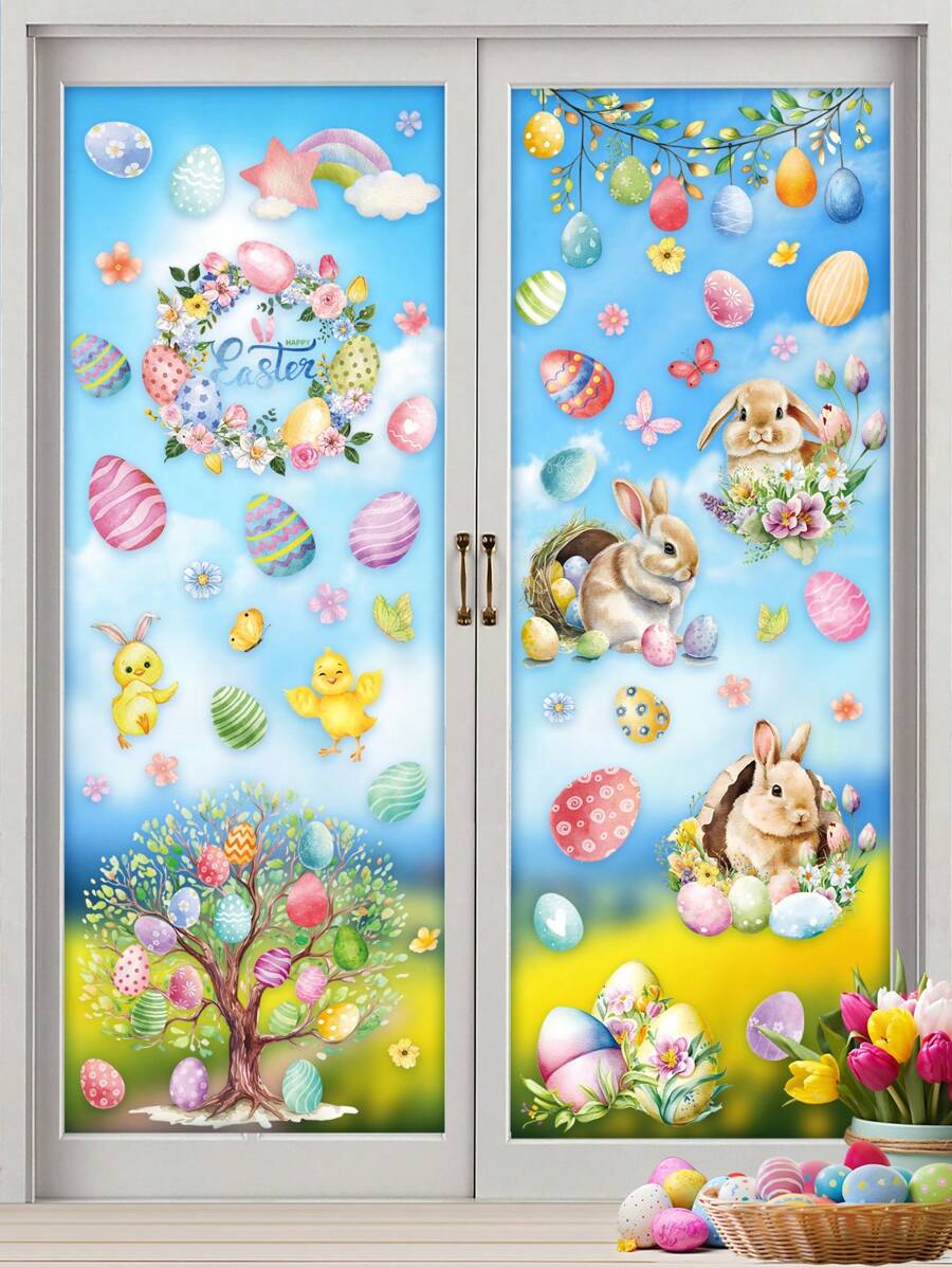 2025 New Easter Window Clings Featuring Easter Eggs Tree Rabbits Floral ...