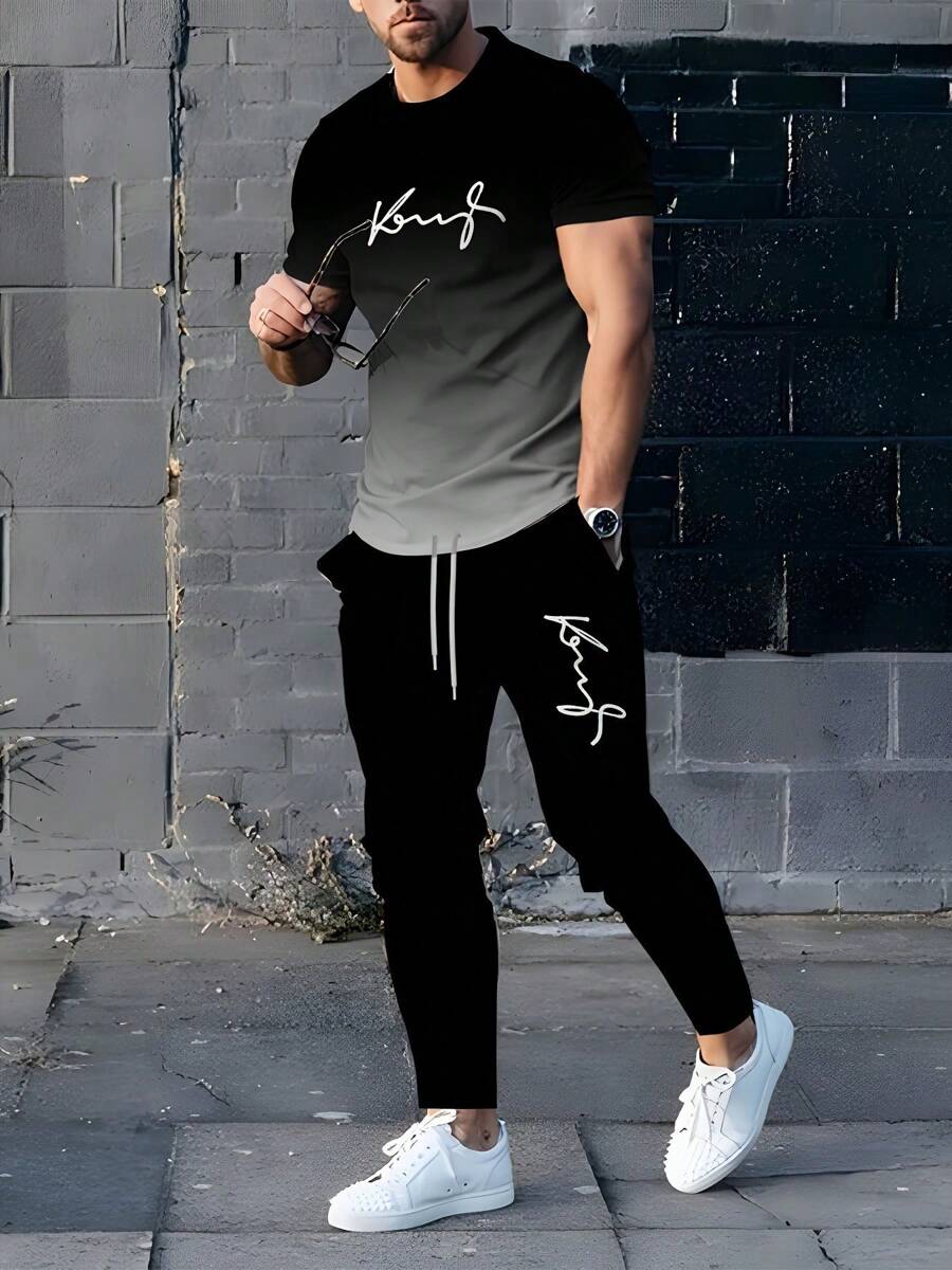 Men's 3D Printed Gradient Polyester Sports Crewneck Stretch T-Shirt And ...