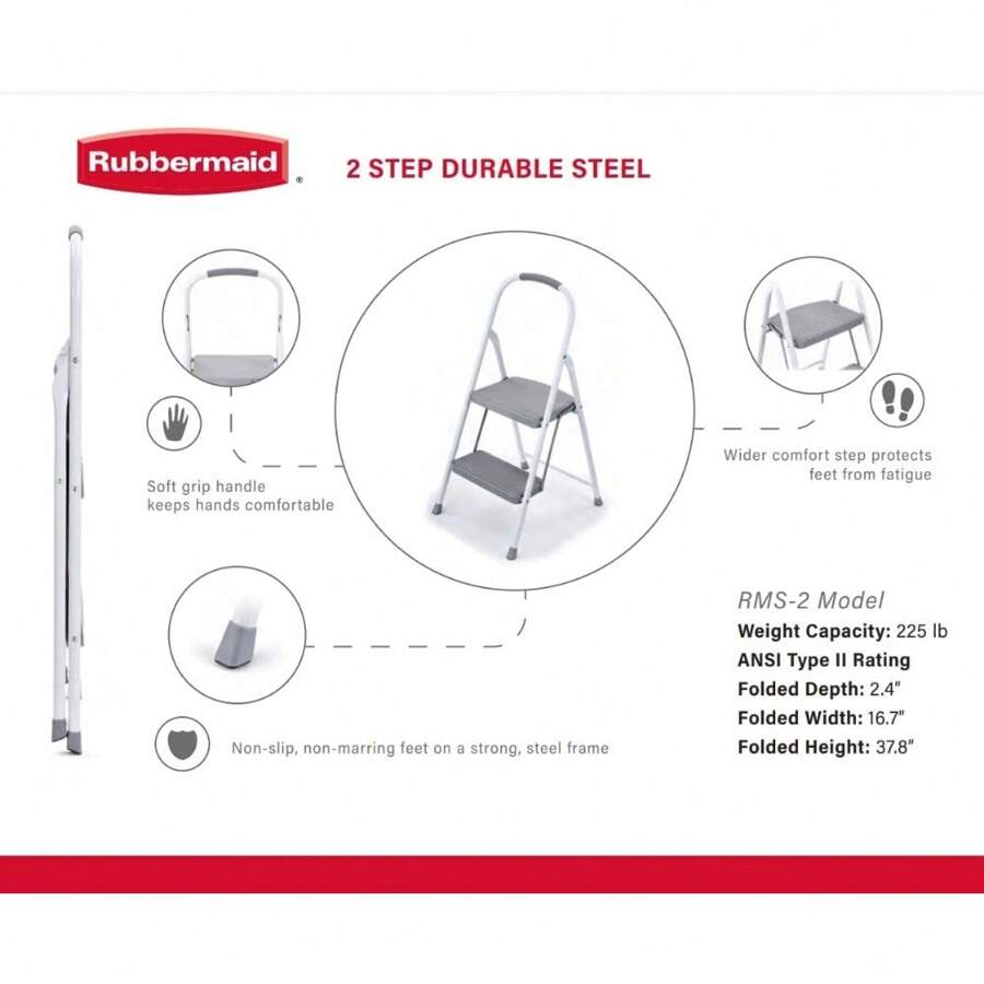 Rubbermaid 2-Step Steel Step Stool Ladder With Hand Grip, ANSI Type 2 ...