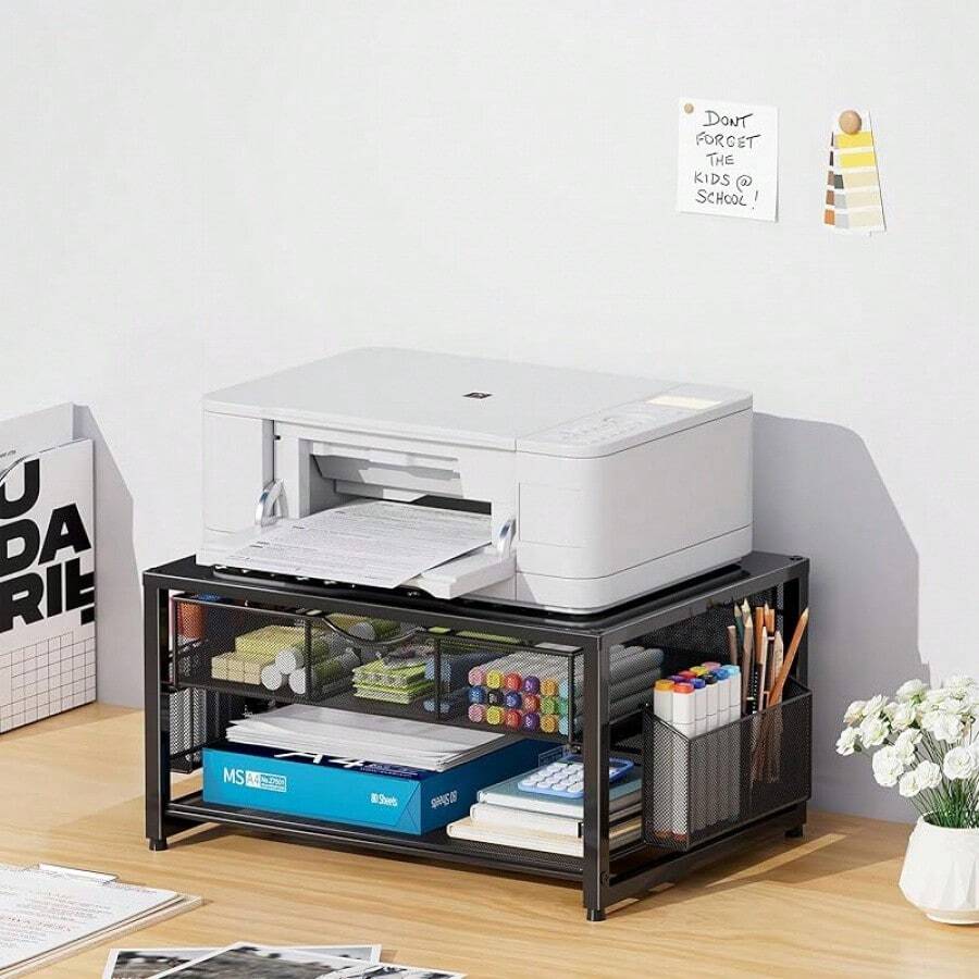 Efficient Home Office: Black Metal Double-Layer Printer Rack, Equipped ...