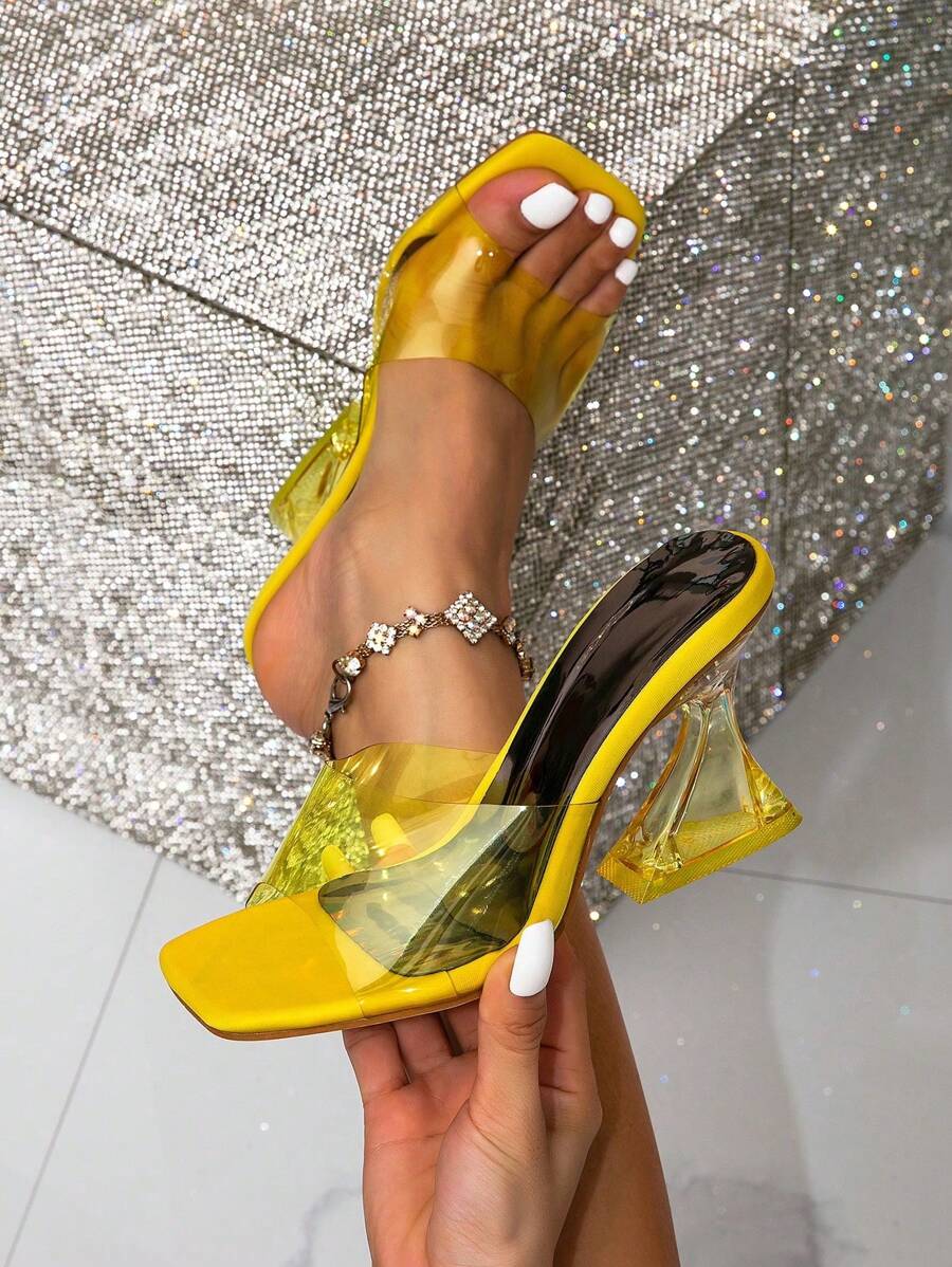 Women's Yellow Transparent Pyramid Decor High Heel Mule Sandals ...