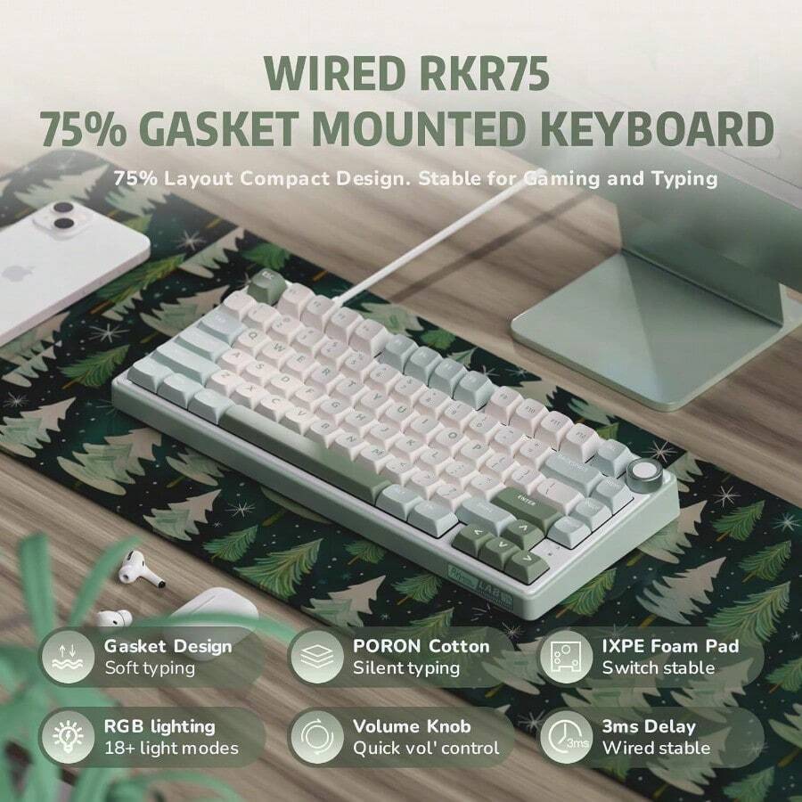 RK ROYAL KLUDGE R75 Mechanical Keyboard Wired With Volumn Knob 75% TKL ...