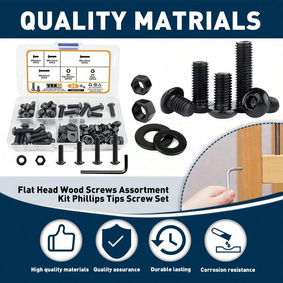 96Pcs M6 Pan Head Hexagon Bolt Nut Washer Combination, Black Carbon Steel Round Head Bolt ...