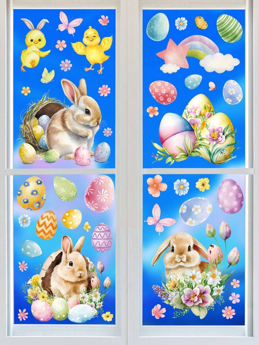 2025 New Easter Window Clings Featuring Easter Eggs Tree Rabbits Floral ...