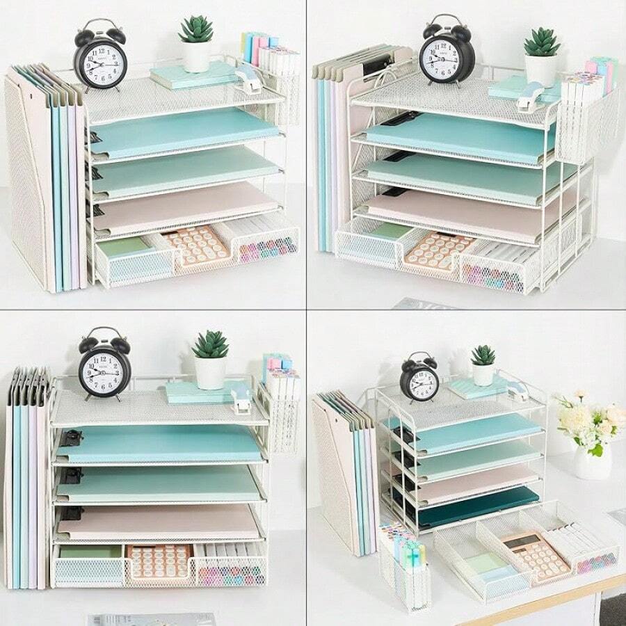 White Vertical Grid File Rack, Paper Tray With Drawer And Pen Container ...