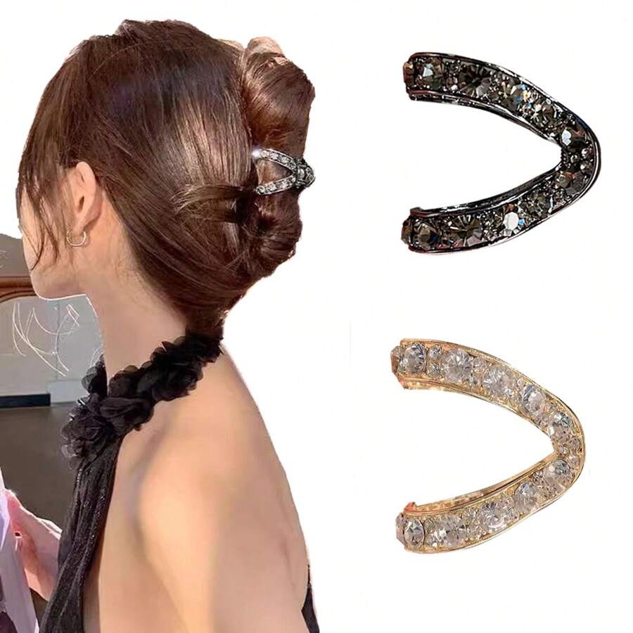 2pcs Elegant V-Shaped Hair Clips Made Of Black Alloy With Bright Decor ...