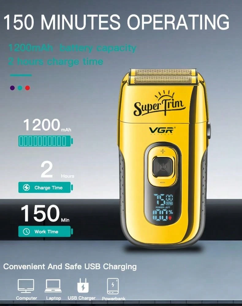 VGR Afeitadora VGR con pantalla digital, afeitadora recíproca recargable, afeitadora de acabado ...
