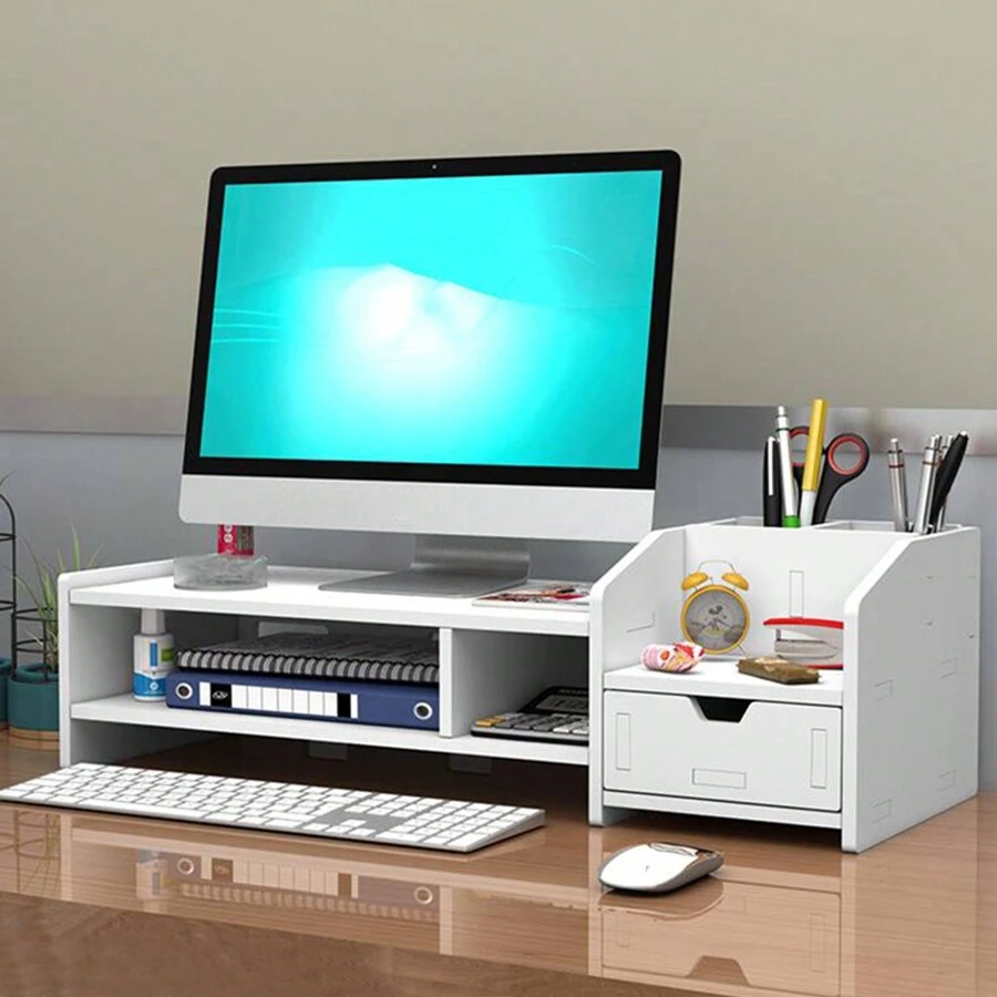 1pc DIY White Office Monitor Stand With Drawer Storage, Keyboard Holder ...