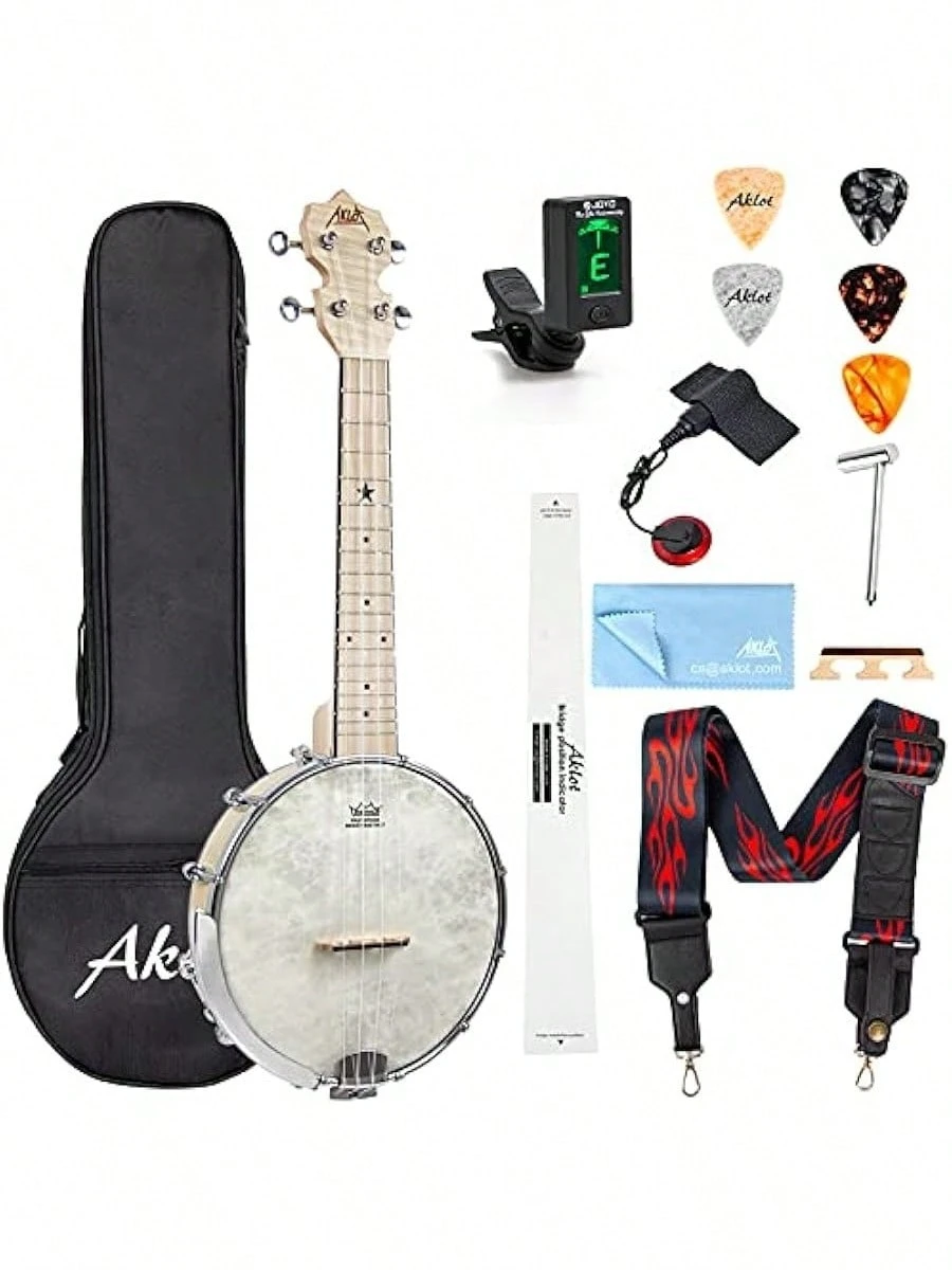 AKLOT Banjo Ukulele Concert 23 Inch Remo Drumhead Open Back Maple Body ...