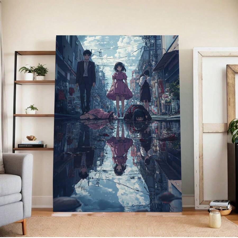 Framed Captivating Canvas Painting Of Anime Characters In A Bustling ...