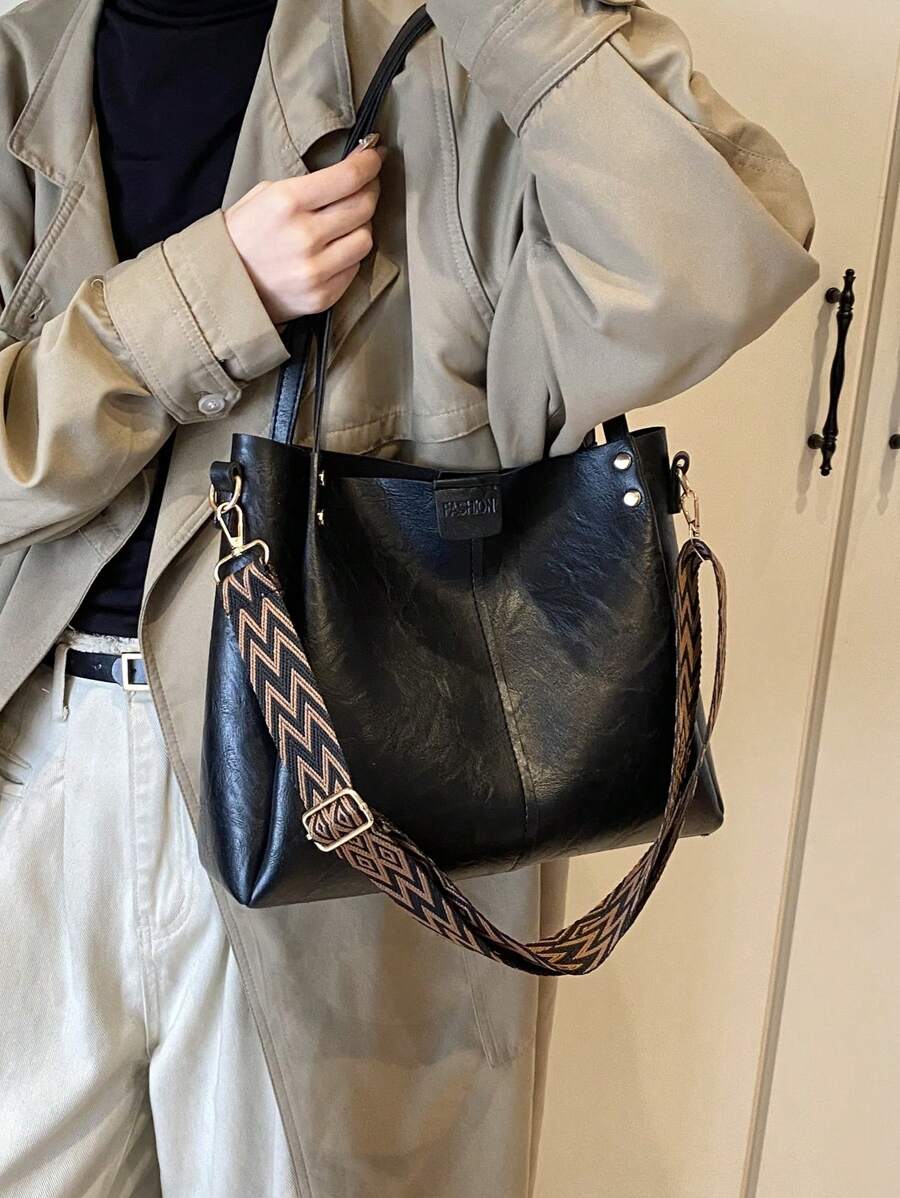 Women's Vintage Korean Underarm Tote Bag, Commuter Patchwork Maillard ...