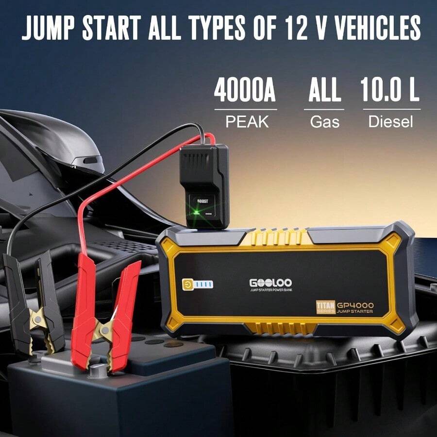 GOOLOO Portable Lithium Jump Starter 4000A Peak Car Starter All Gas Up ...