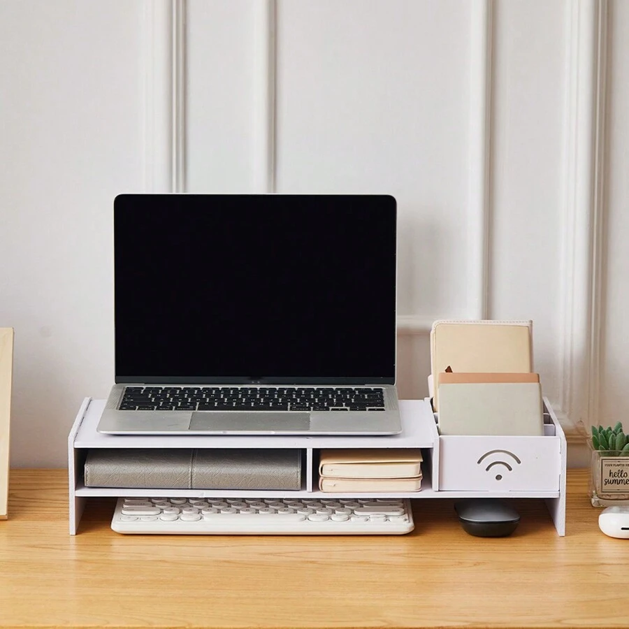 1pc White Computer Monitor Riser Stand With Storage Compartments ...