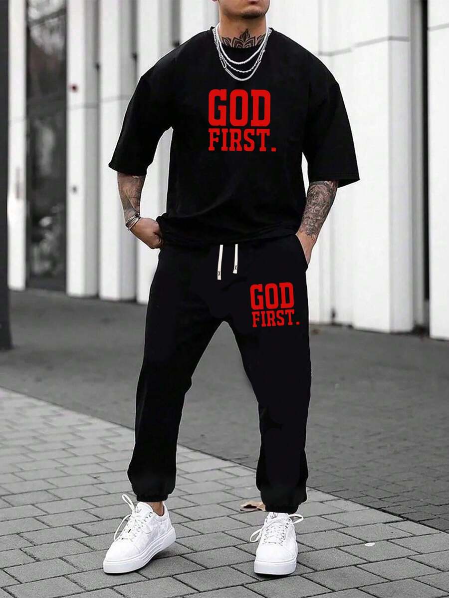Men's Summer Regular Fit Short Sleeve T-Shirt And Pants Set, Letter ...