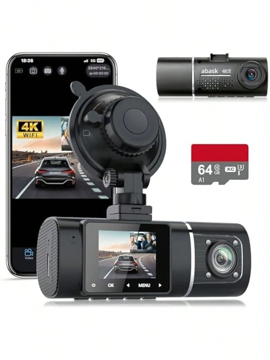 Abask 4K Dash Cam Front And Inside WiFi Dashcam For Cars With 64GB SD ...