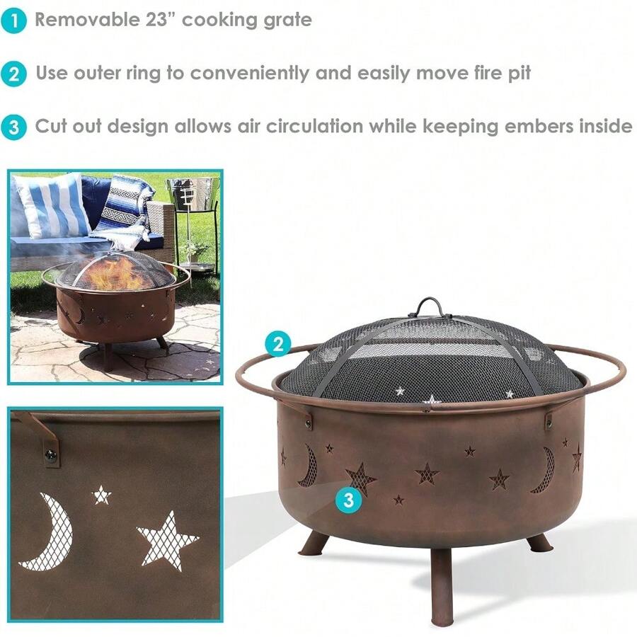 Cosmic 30-Inch Fire Pit With Cooking Bbq Grill Grate, Spark Screen, And ...