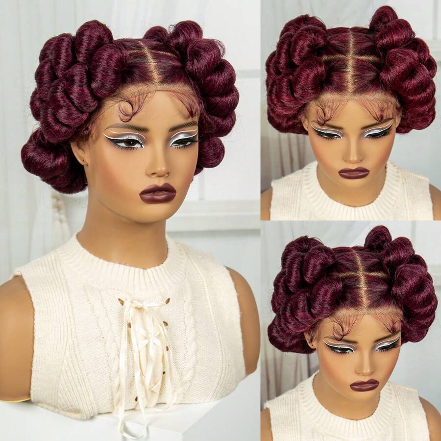 A ANYTIME Transparent Full Lace Braided Wigs Short Cute Handmade Bantu ...