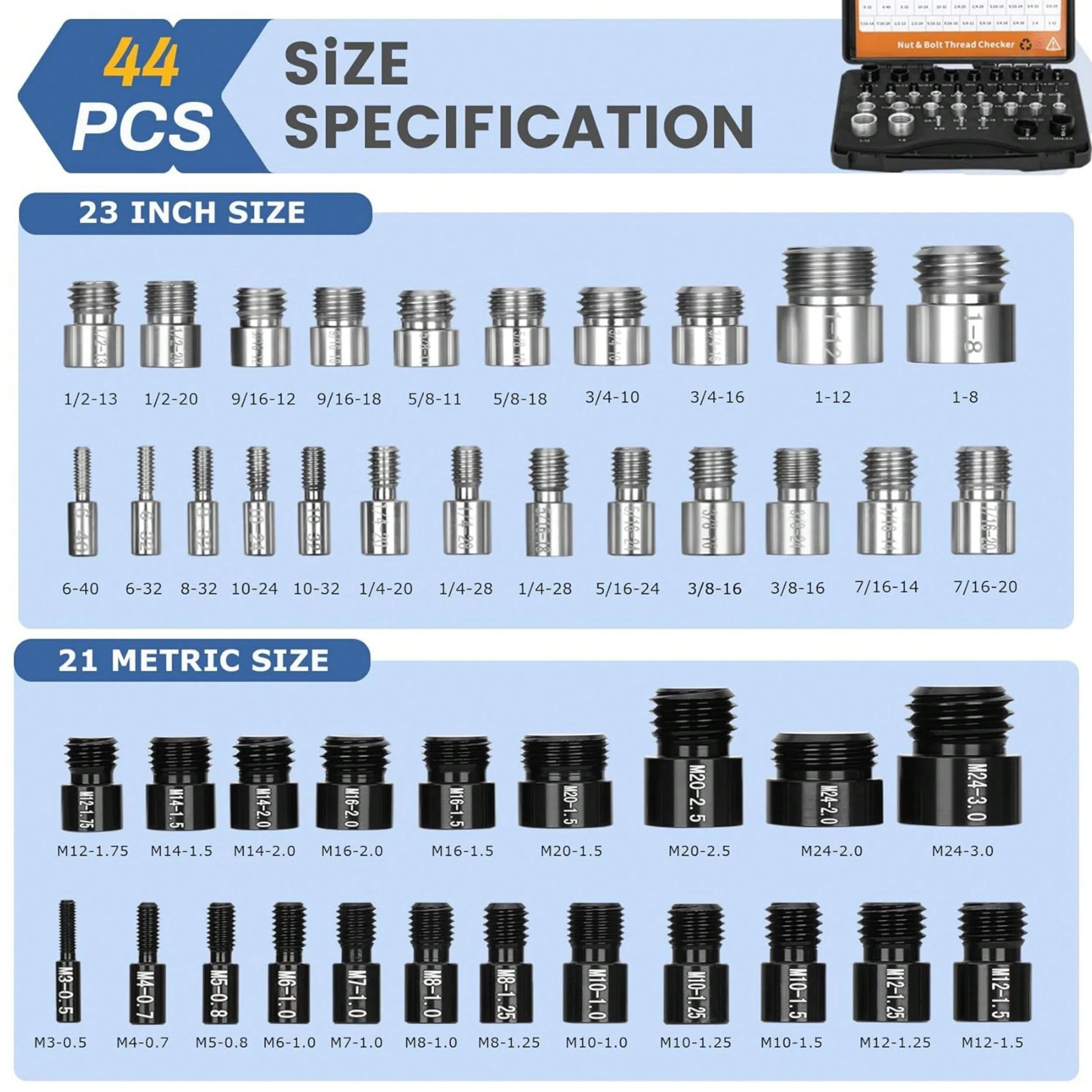 44 piezas Juego comprobador de rosca de tuerca y perno, estándar métrico e imperial, calibre de ...