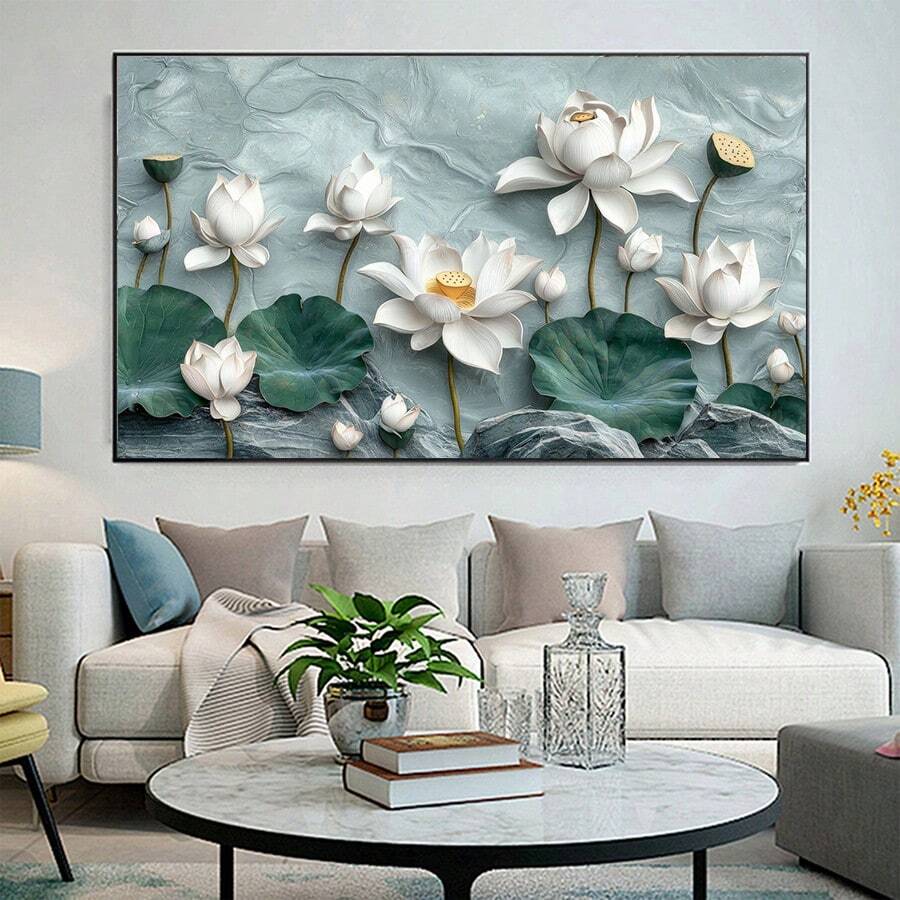 1pc Modern Abstract White Lotus Botanical Canvas Painting, White Lotus ...