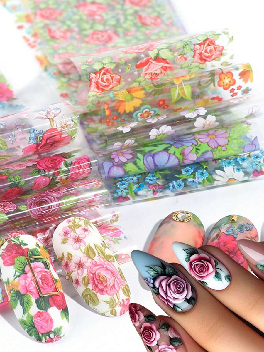 10PCS Mixed Nail Art Foils Transfer Sticker Set Rose Flower Designs ...