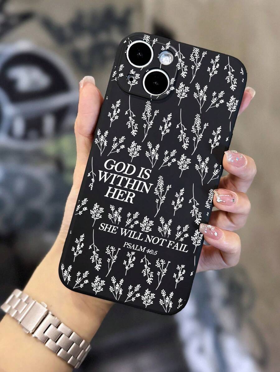 1pc Minimal White Floral Slogan Perforated Black Full Body Soft Phone ...