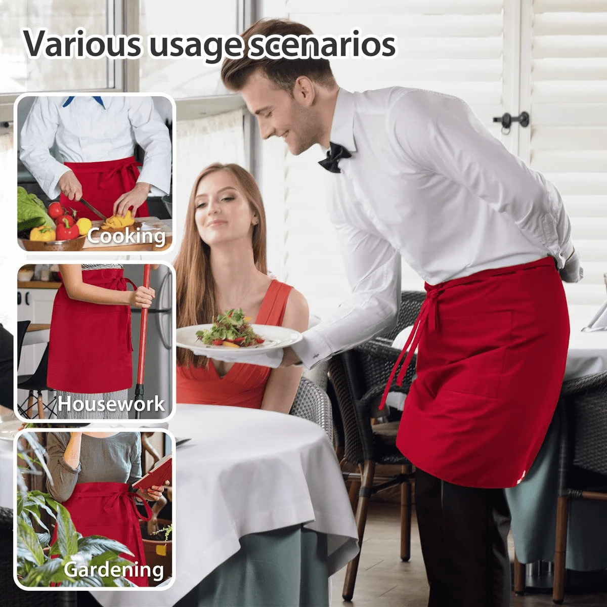 5pcs Bar Waist Apron With 3 Pockets, 55cm Length, Kitchen Server Waiter ...