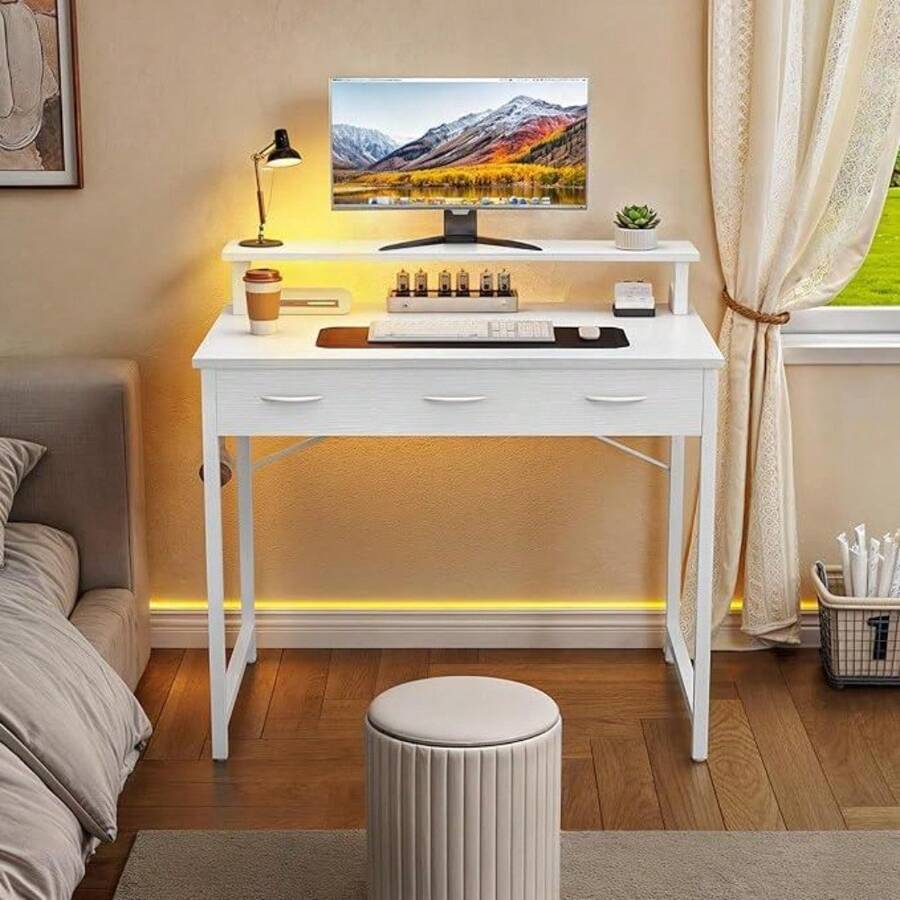 Small Computer Desk With Drawers, Office Desk With Monitor Stand For ...